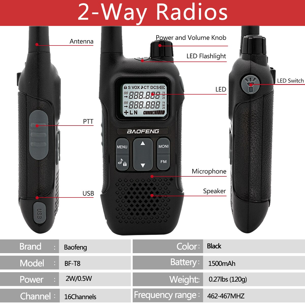 Baofeng BF-T8 UHF FRS NOAA Walkie Talkies Ham Radio Free License Free ...